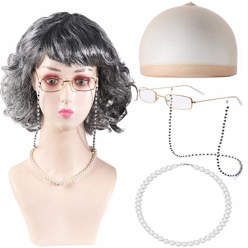 Old Lady Wig Costume Set Granny Wig for Women's Dress Up Fancy Dress ...