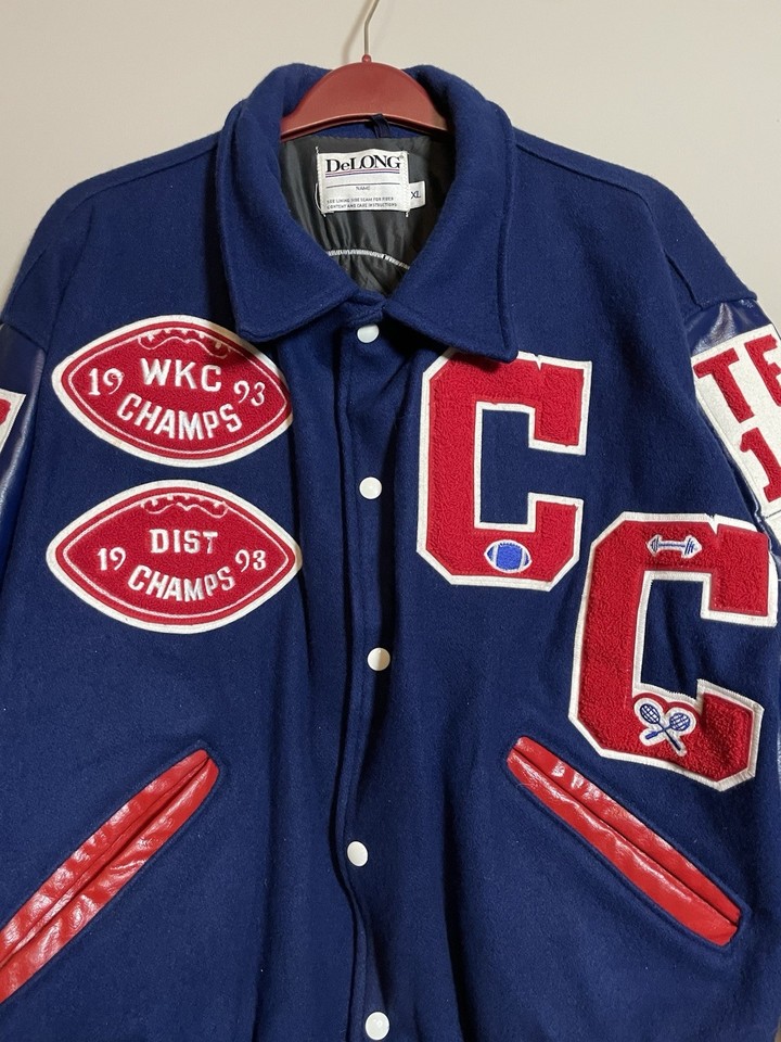 Vtg 90s DeLong Varsity Letterman Jacket USA High School Patches Size XL ...