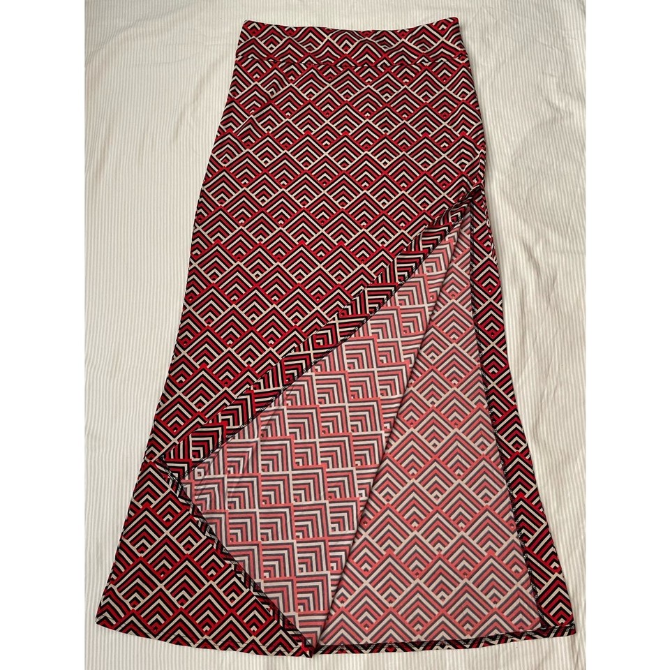 Newt VERTIGO Womens Size L Printed Red Navy Blue Tan Jersey Maxi Skirt ...