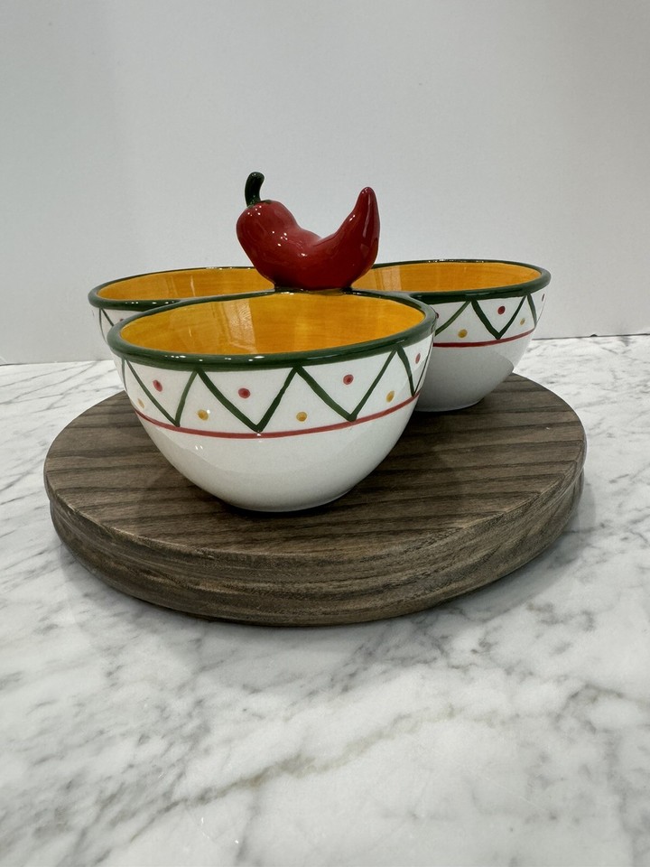 Clay Art Chili Peppers Salsa Dip 3 Part Condiment Server w/ Pepper ...
