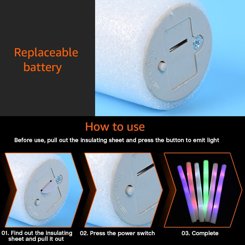 100PCS LED Foam Sticks 18inch Glow Stick Multi Color 3 Modes Flashing ...