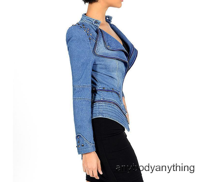 Women's Punk Rivet Denim Short Motorcycle Jacket Coat Slim Fit Zipper ...