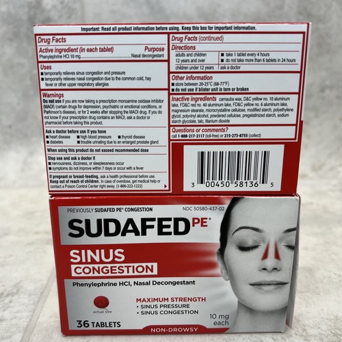2 Pack! Sudafed PE Sinus Congestion Tablets, Max Strength, 72 Tablets ...