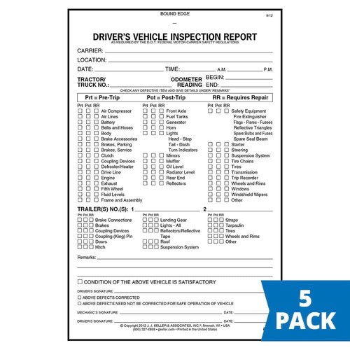Drivers Vehicle Inspection Report Pre Post Trip 5 pk Book Format 2 Ply ...