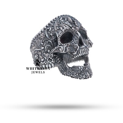 Gothic Killer Sugar Open Jaw Skull Biker Rider 925 Sterling Silver Men ...