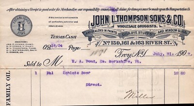 1907 Billhead - John L. Thompson Sons' Co. - Druggists - Troy, New York ...