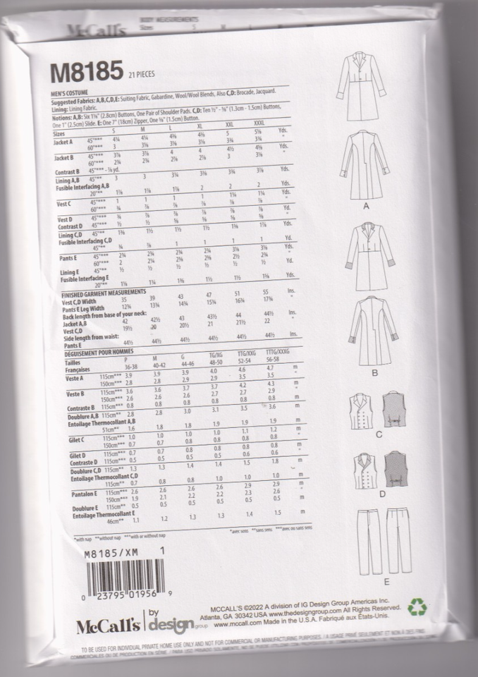 8185 McCALLS - COSTUME: Long COAT VEST & PANTS - Mens Sz S/M/L, 34-44 ...