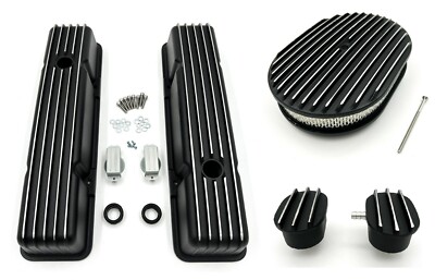 Black Finned Tall Valve Covers, Air Cleaner, Breather / PCV For SBC 350 ...