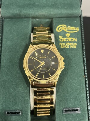Croton Quartz Mens Black Dial Watch 23kt Gold Plated Water Resistant | eBay