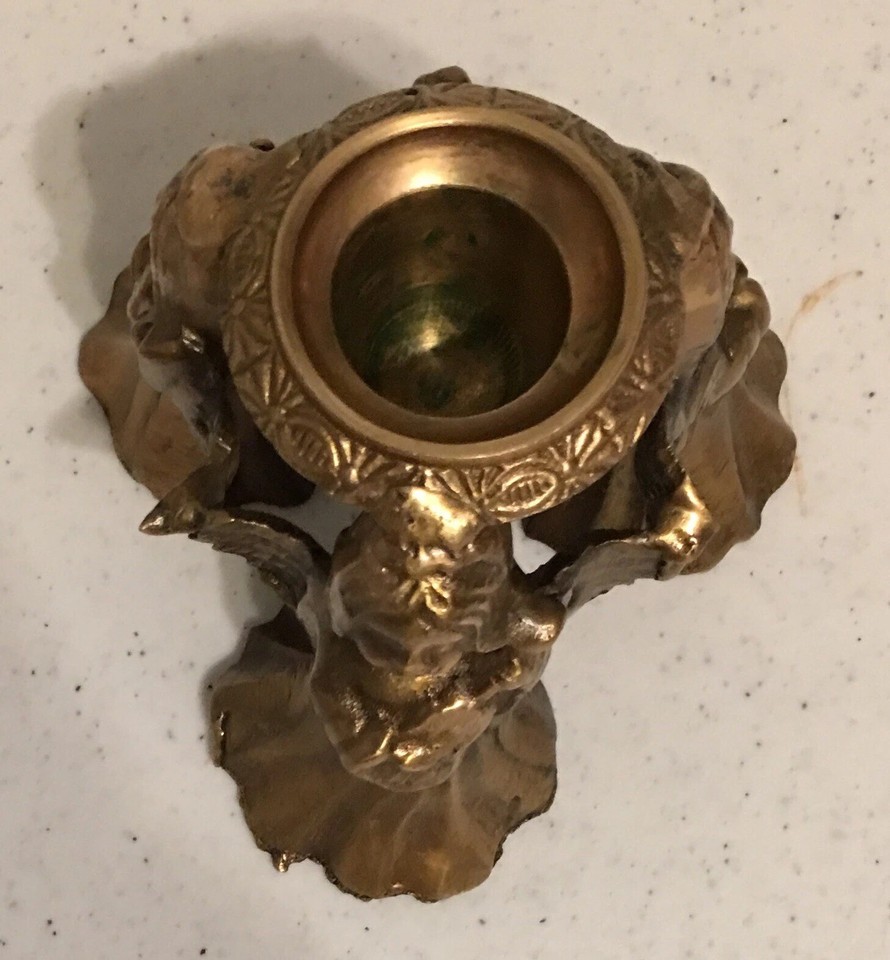 Cherub Brass Candle Holder Triple Winged Angel Musical Instrument 2.75 ...