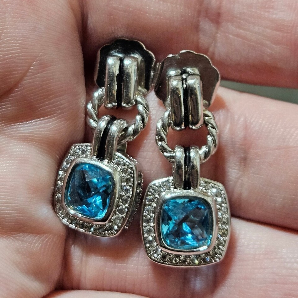 David Yurman 925 Sterling Silver Blue Topaz Clear Stone Dangle Earrings ...