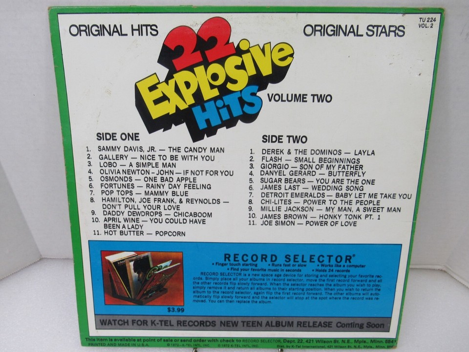 22 Explosive Hits, Vol 2 K-Tel Records TU 224 1972 Vinyl LP Record ...