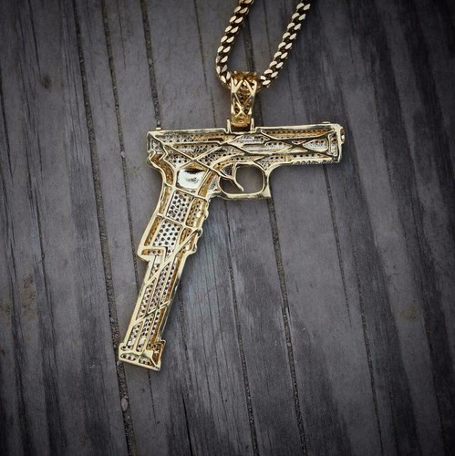 3Ct Pave Cut Diamond Pistol With Loader Pendant 14K Yellow Gold Over ...