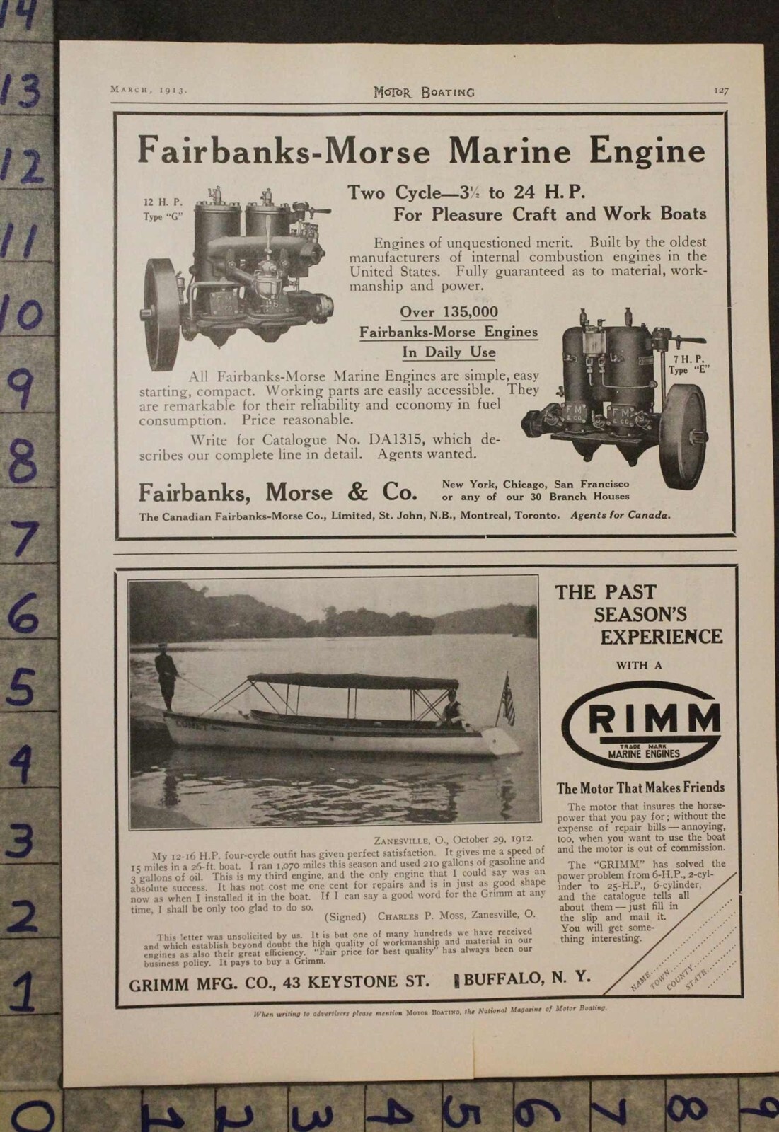 1913 FAIRBANKS-MORSE MARINE ENGINE BOAT RIMM BUFFALO MOSS ZANESVILLE AD ...