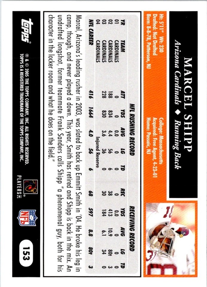2005 Topps Marcel Shipp #153 Arizona Cardinals Football Card | eBay