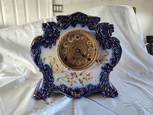 Antique Gilbert No. 438 Cobalt Blue Porcelain Mantel Clock 8-Day ...