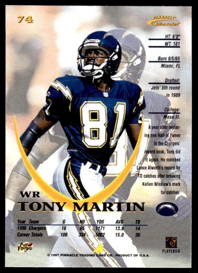 1997 Action Packed Tony Martin San Diego Chargers #74 | eBay