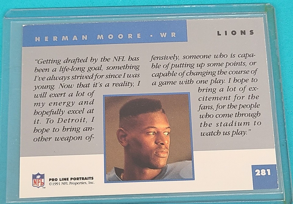 1991 Pro Line Portraits RC #281 Herman Moore Detroit Lions Football ...