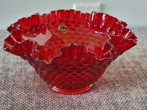 Large Fenton Ruby Red Glass Hobnail Double Crimped Ruffled Bowl Candy ...