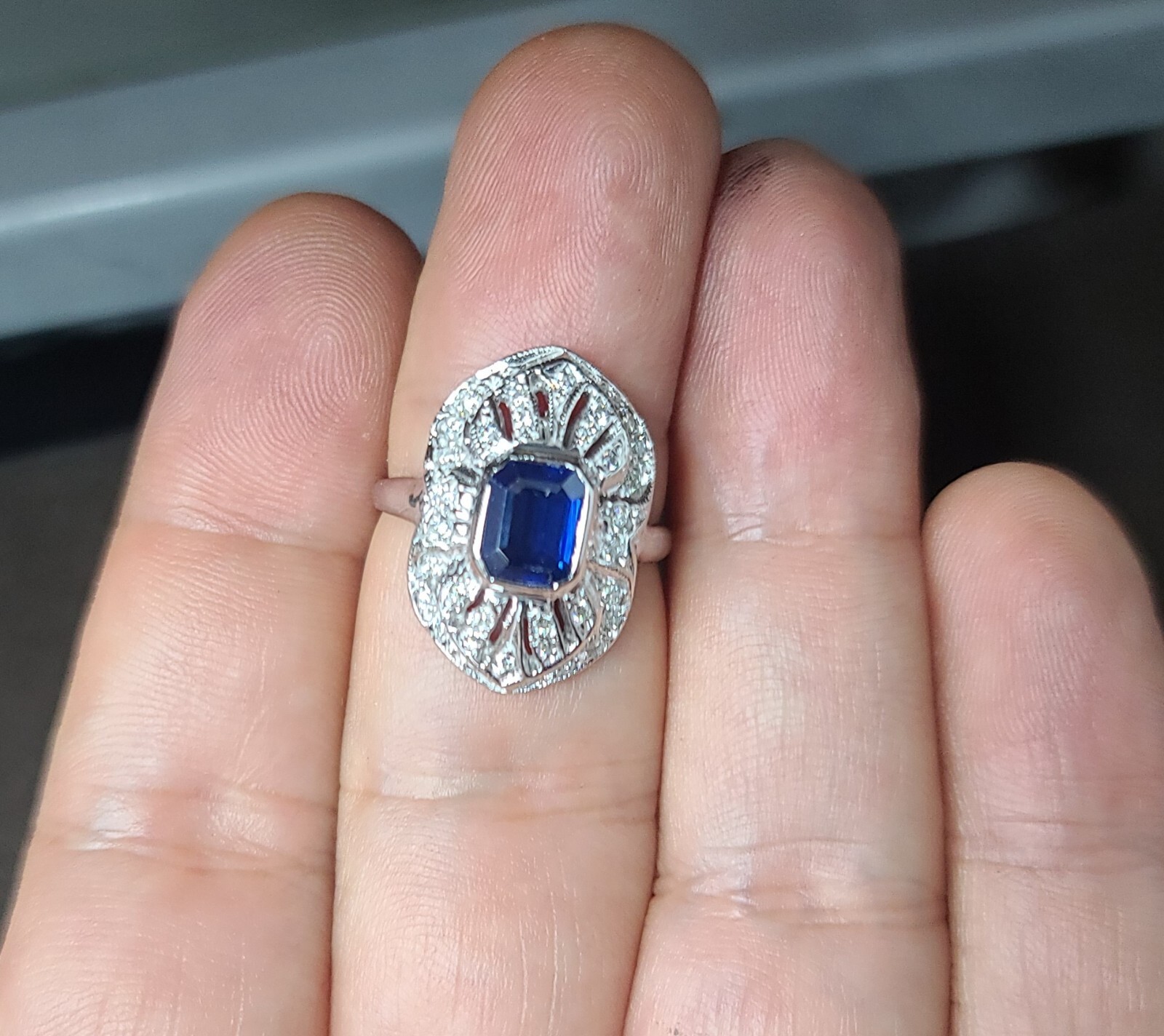 Vintage 14k White Gold Ring 1.57CT. Natural Blue Sapphire Emerald Cut Circ 1950' | eBay