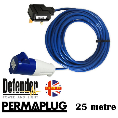 25 METRE 13A PLUG TO 16A BLUE SOCKET EXTENSION LEAD CARAVAN EVENT ...