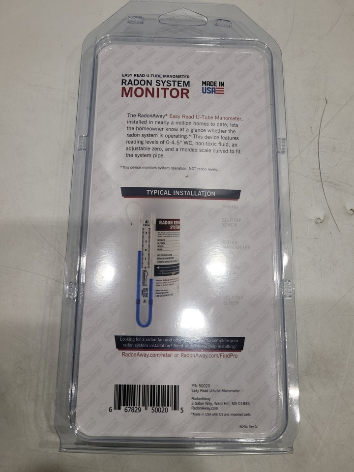 Radon System Monitor Easy-To-Read U-Tube Manometer W/ Tubing & 2 Self ...