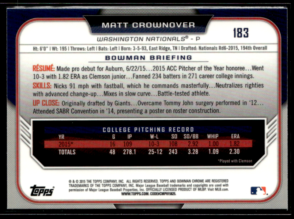 2015 Bowman Draft Chrome #183 Matt Crownover Nationals 1st Bowman ...