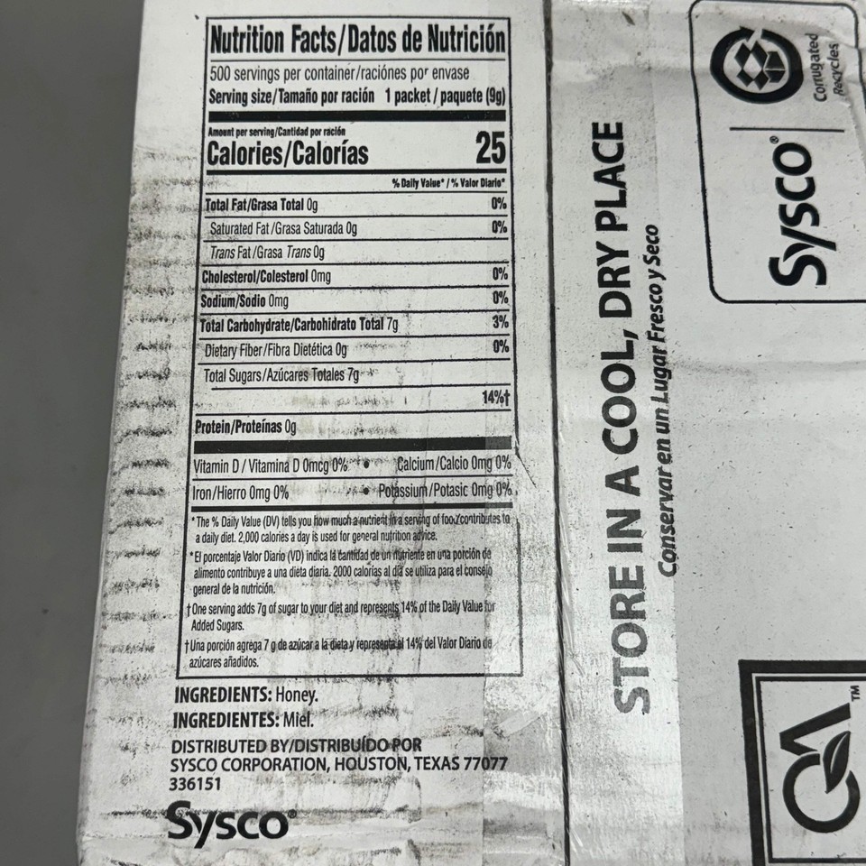 SYSCO Pure Honey Packets (500 PACK, 9g Each) House Recipe (Made on 05/ ...