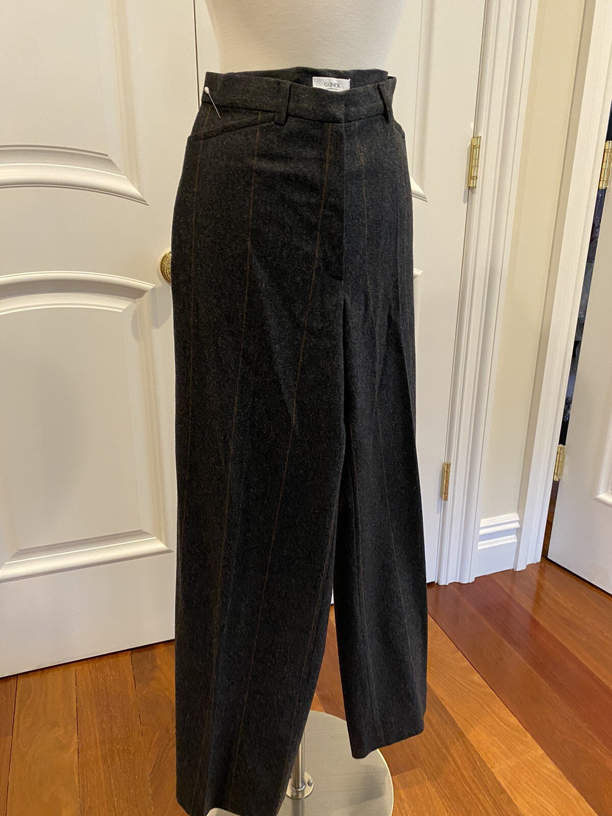 Gunex Charcoal Grey And Brown Wool Striped Wide Leg Dress Pants ...