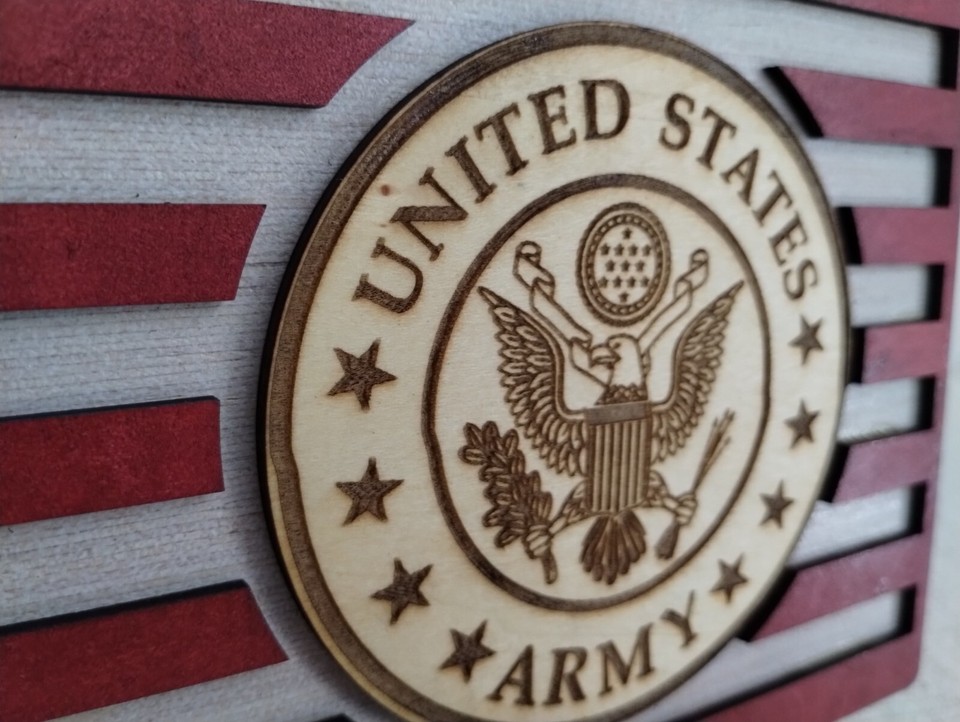 Wood Mini US Flag Military Emblem w/stand 10" x 5" Army Air Force ...