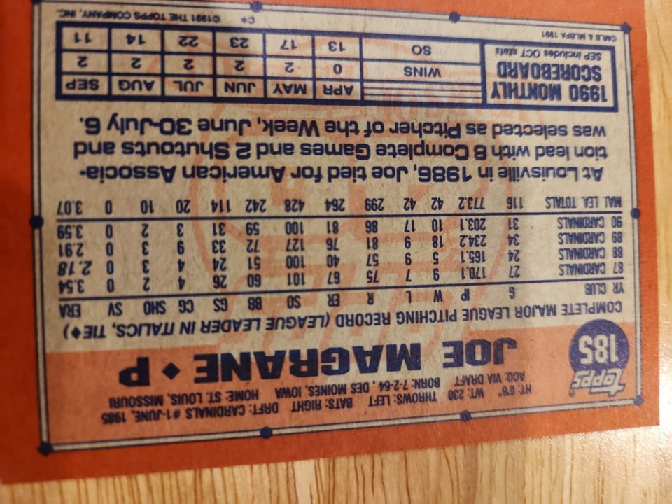 1991 TOPPS JOE MAGRANE ST. LOUIS CARDINALS #185 | eBay