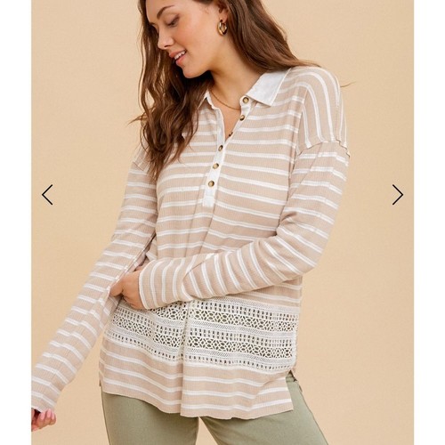 Hem & Thread NWT Beige Stripe Crochet Lace Contrast Long Sleeve ...
