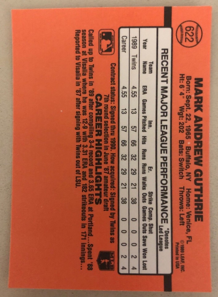 1990 Donruss Mark Guthrie Baseball Card Rookie #622 Twins Pitcher High ...