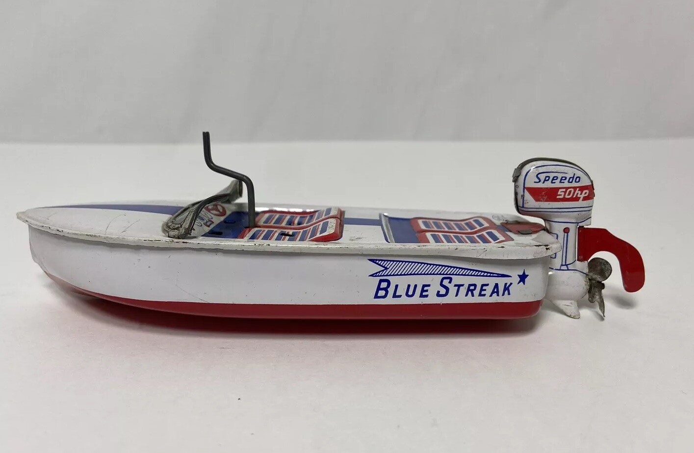 Vintage Haji Blue Streak Wind Up Speed Boat Tin Litho Toy Working | eBay