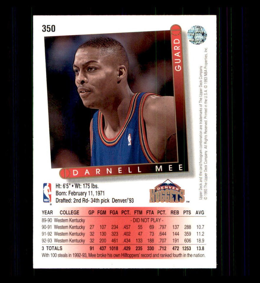 1993 Basketball Upper Deck Darnell Mee Denver Nuggets #350 | eBay
