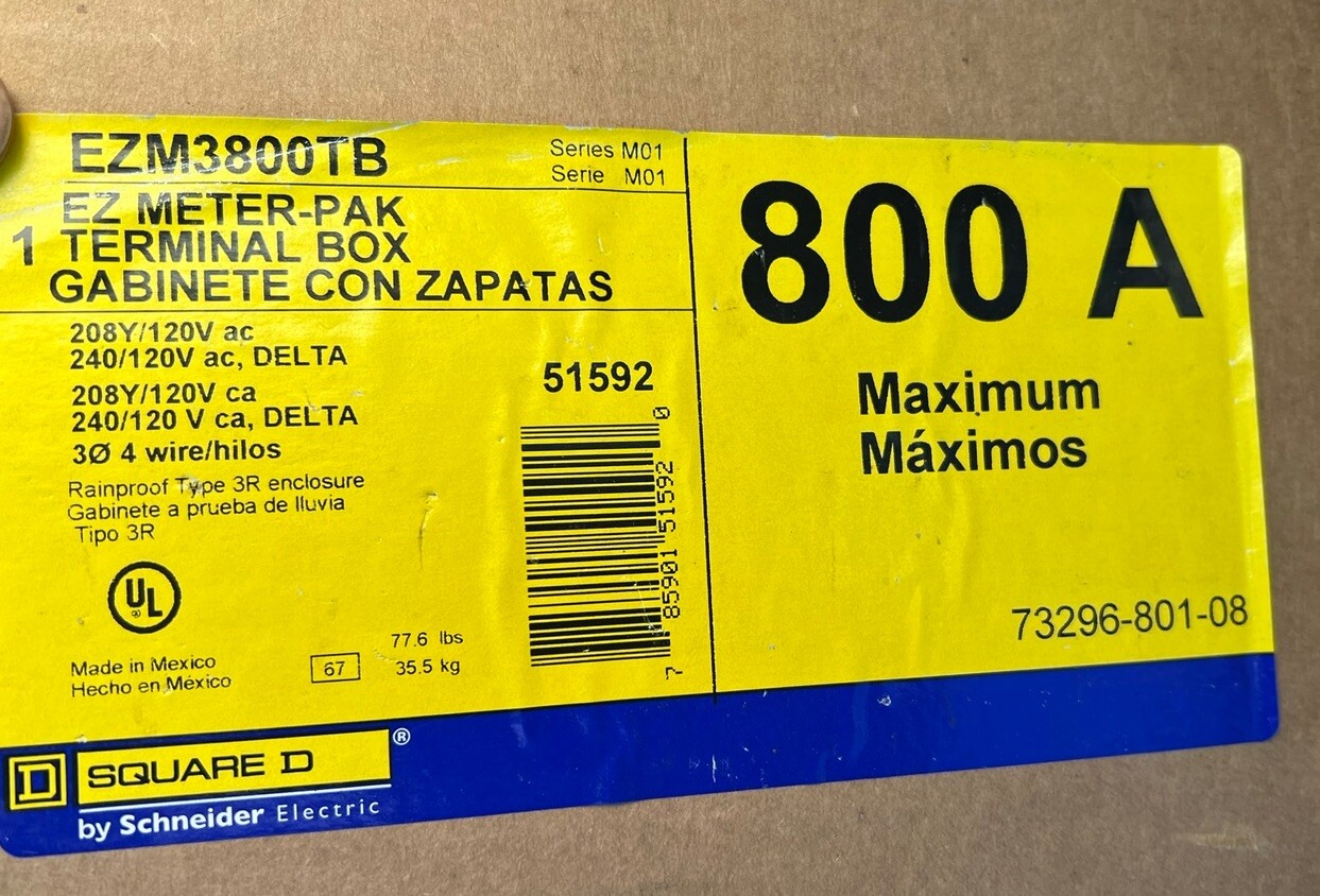 EZM3800TB Square D 800 Amp 208/120V Meter Main Tap Box New | eBay