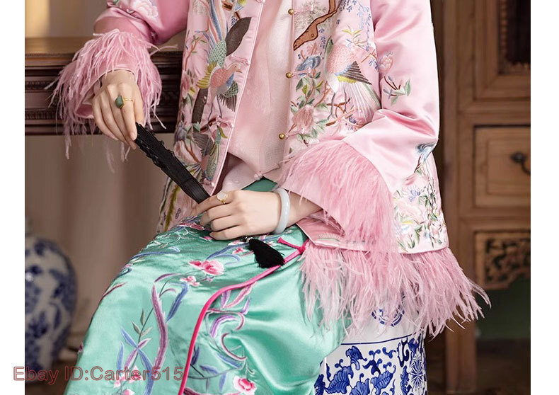 Womens Qipao Ostrich Fur Chinese Style Retro Embroidered Cotton Jacket ...