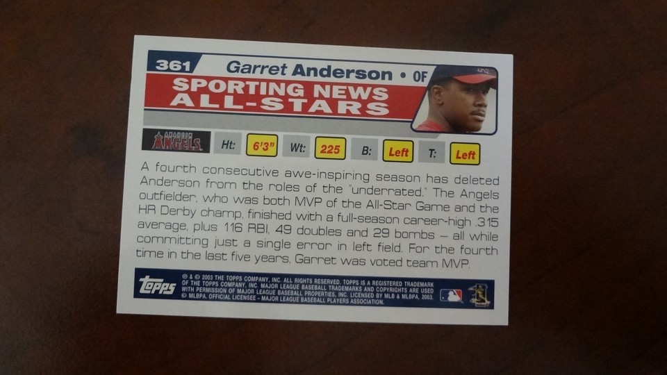 2003 TOPPS SPORTING NEWS ALL STARS # 361 GARRET ANDERSON BASEBALL CARD ...