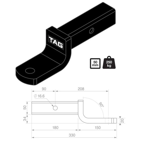 TAG Tow Ball Mount - 208mm Long, 90° Face, 50mm Square Hitch | eBay ...