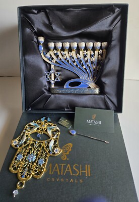 Beautiful New In Box MATASHI Enameled Menorah Blue Flowers And Jewish ...
