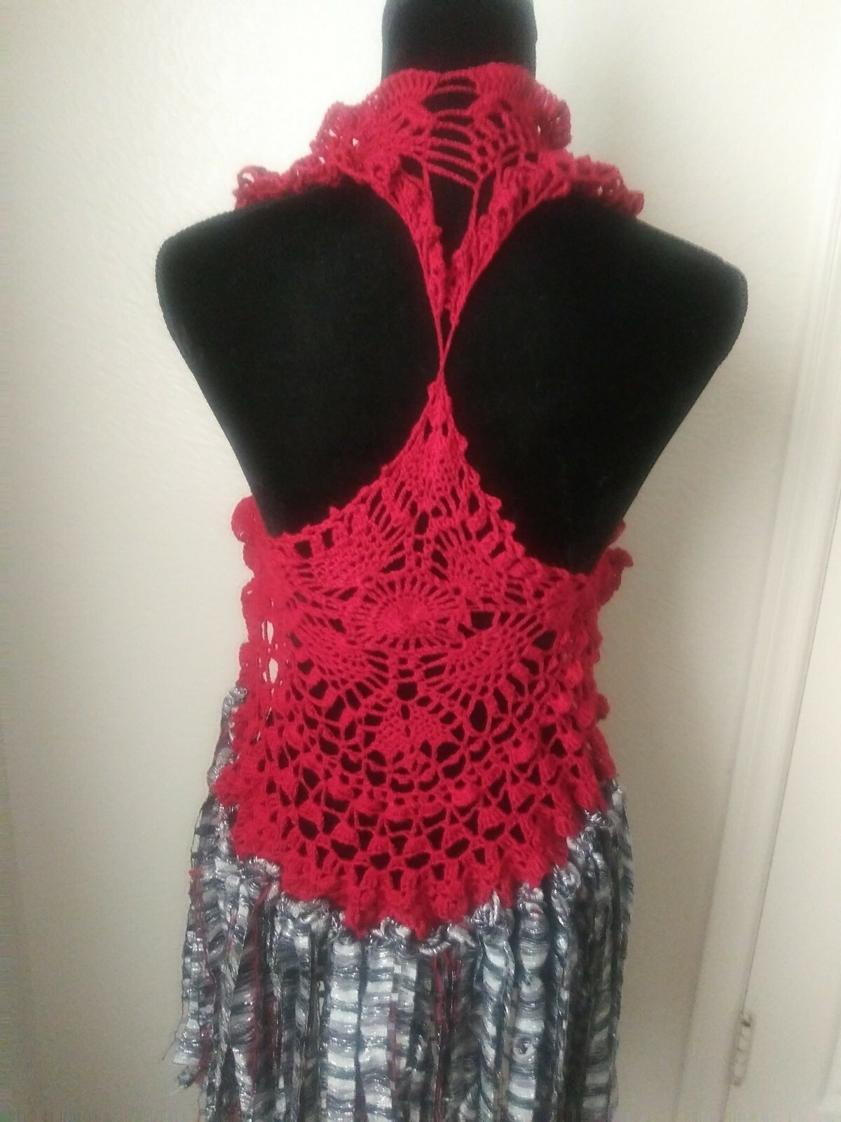 Red crochet vest embellished with black sparkle fringe | eBay