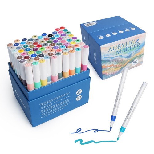 80 Colors Acrylic Paint Markers Pens Set Fine Brush Tip Drawing Fabric ...