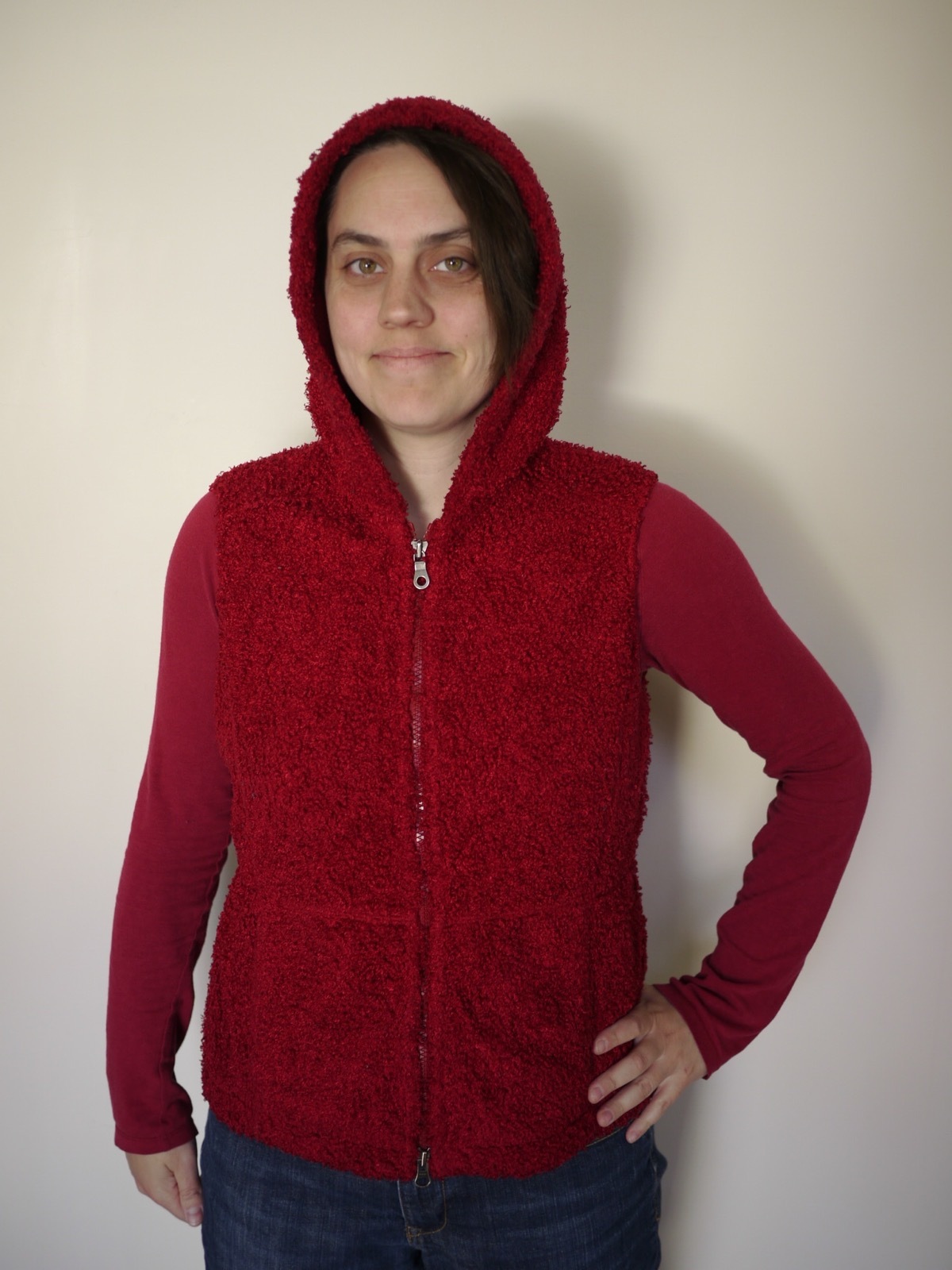 J Jill Red Curly Boucle Soft Acrylic Fleece Knit Hood… - Gem