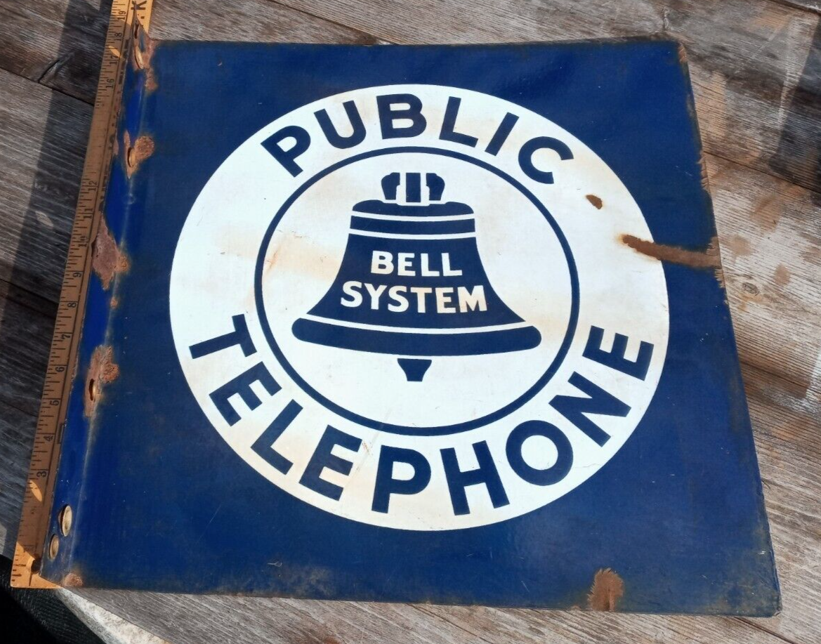 Blue Bell Vintage Porcelain Signs Bell System Blue Glass Sign 24" X 4"