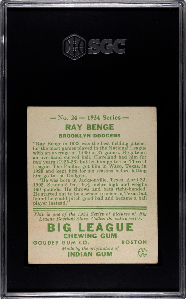 1934 Goudey Ray Benge #24 SGC 5 Brooklyn Dodgers!!!!! | eBay