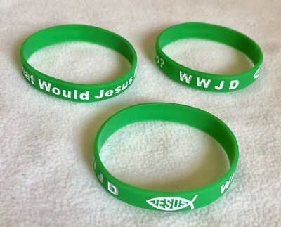 3 Jesus WWJD Bracelet Fundraiser Wristband Rubber/Silicone Band Lime ...