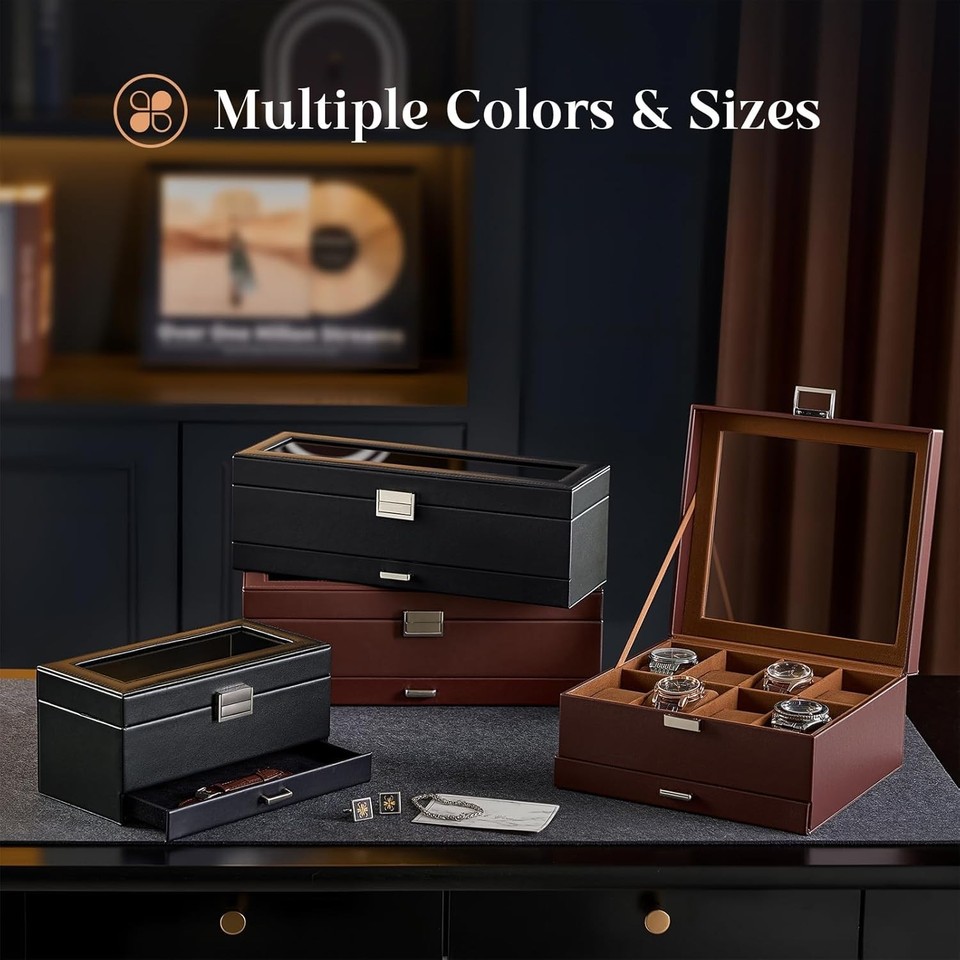 4 Slot Men Watch Organizer Box Glass Lid Desk Stand Storage Holder Case ...