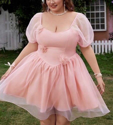 Pink Chiffon Organza Princess Twirly Tulle Dress Puffy Sleeves PLUS 4X ...