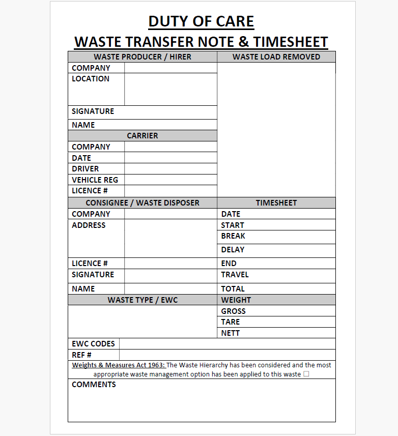 Duty of Care Waste Transfer Note Book and Timesheets A5 1-Part 106 ...