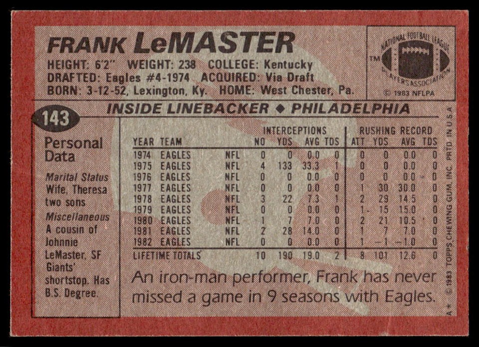 1983 Topps 143 Frank LeMaster Philadelphia Eagles Football Card | eBay